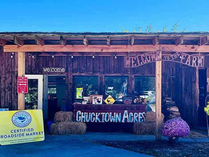 Chucktown Acres' rustic barn welcomes visitors to discover local produce without the farmers market parking lot drama.