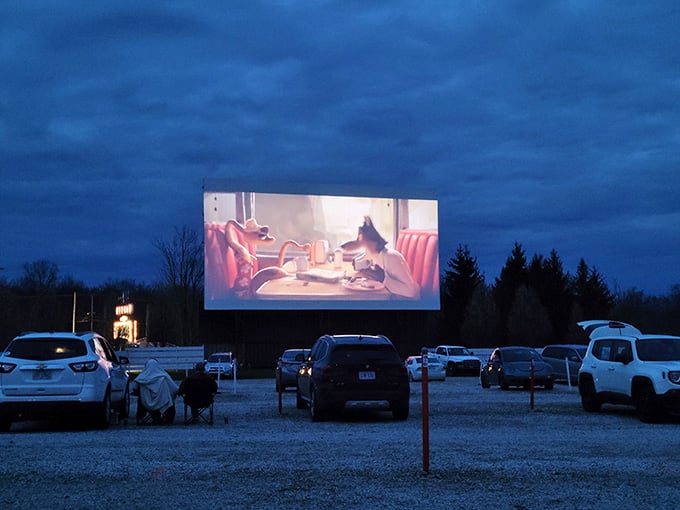 Even animated characters look better when they're projected stories tall against the Ohio night sky.