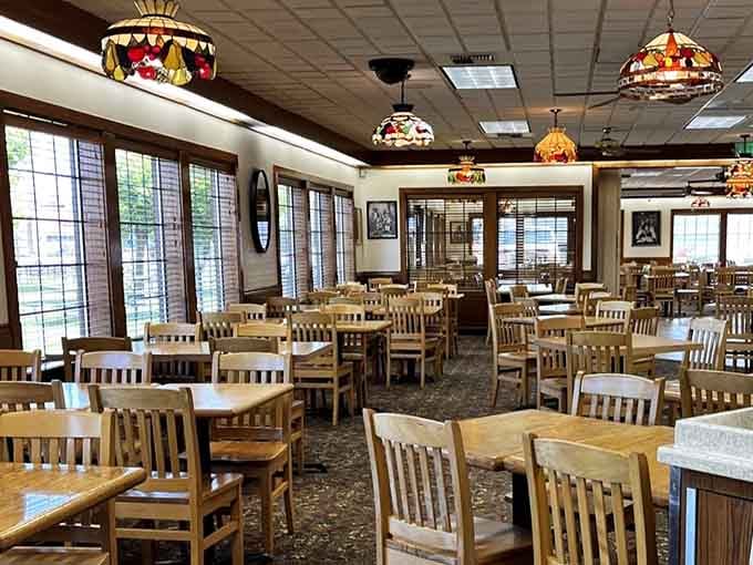 Wooden chairs and Tiffany-style lamps create the kind of atmosphere where calories don't count.