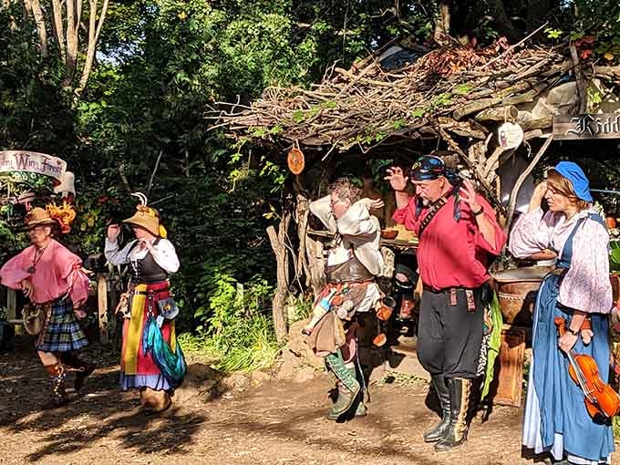 Costumed performers lead spontaneous dance celebrations that invite everyone to join the medieval merriment.