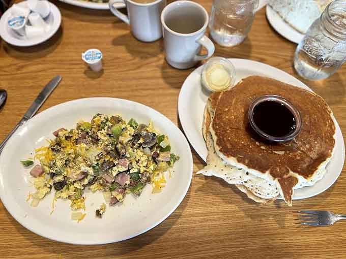 A cowboy scramble paired with a pancake the size of your head&mdash;because why choose when you can have both?