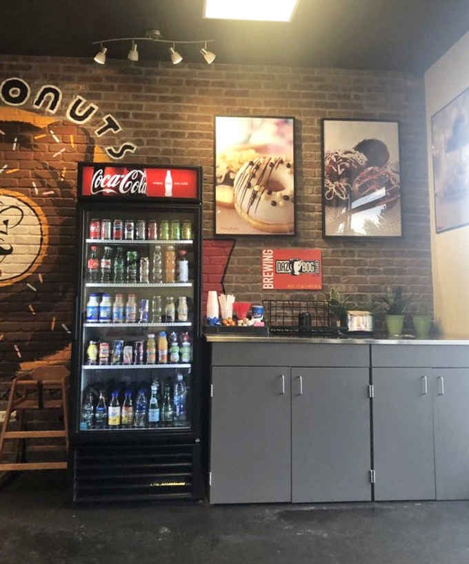 Exposed brick, a playful mural, and a fridge full of cold drinks, this corner has everything you need post-donut.