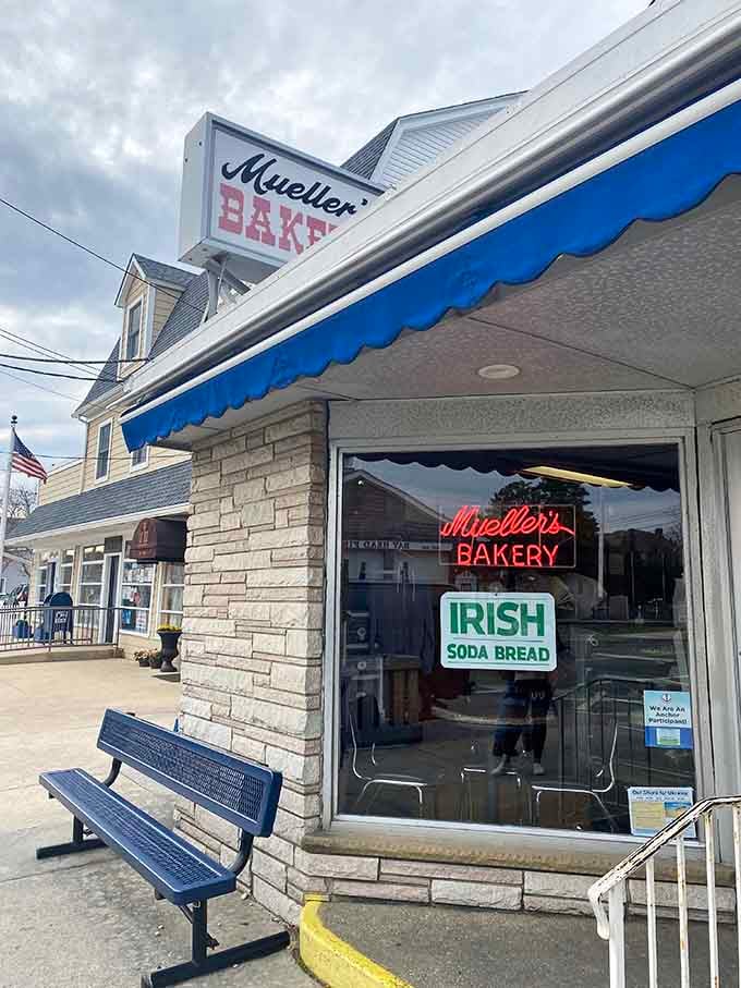The classic blue bench outside where you can sit and contemplate your delicious life choices in real time.