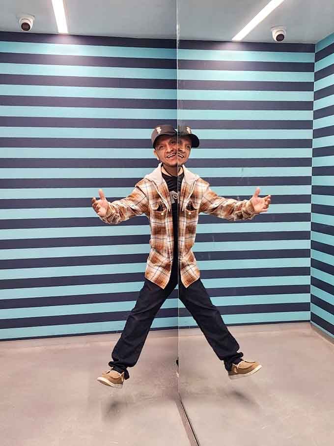 Stand in the right spot and suddenly you're starring in your own personal funhouse mirror nightmare.