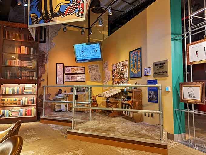 A cartoonist's workspace complete with original strips shows that funny drawings require actual desks, not just napkins and inspiration.