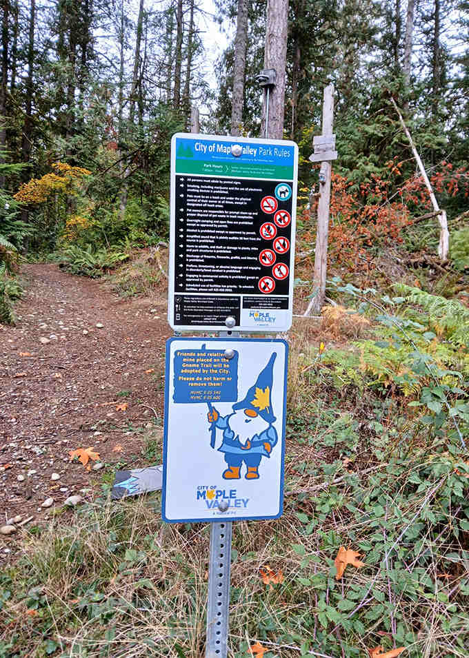 Official park signage featuring a gnome mascot means the city of Maple Valley fully embraces this delightful woodland oddity.