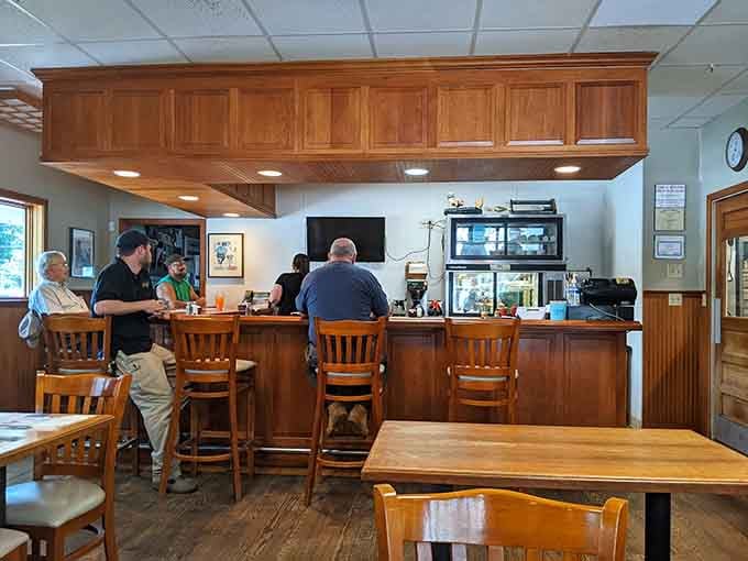 Counter seating with a view of the kitchen means you can watch the magic happen while enjoying your coffee refill.