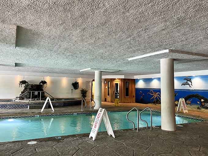 Indoor pools with ocean murals remind you that swimming doesn't require cooperation from New England weather patterns.