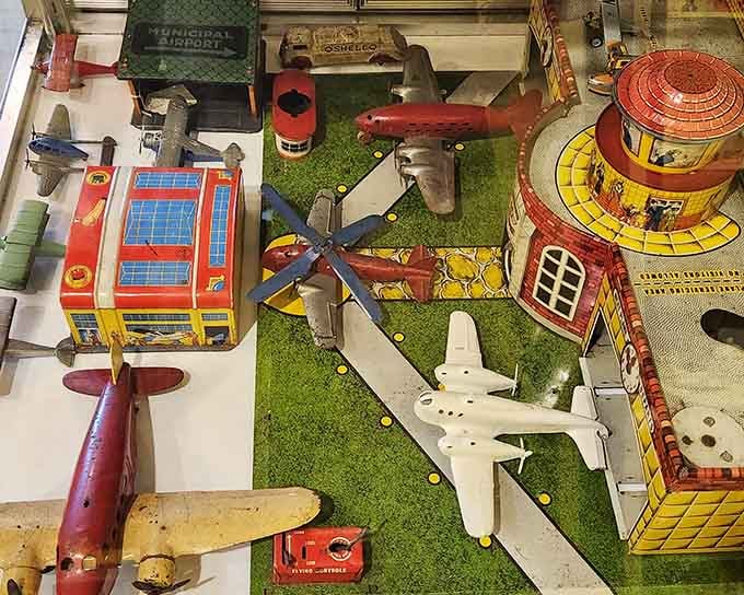 Vintage tin airports complete with planes and buildings show how elaborate playtime could get before screens took over our lives.