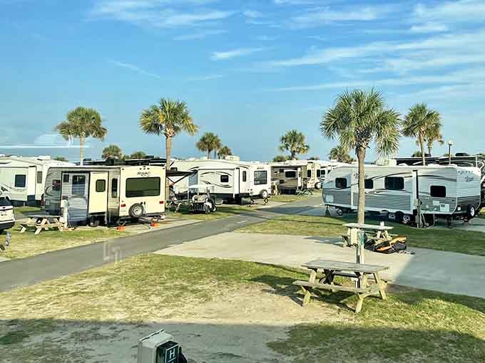 RV sites with palm trees and picnic tables prove camping doesn't mean sacrificing comfort or coastal views.