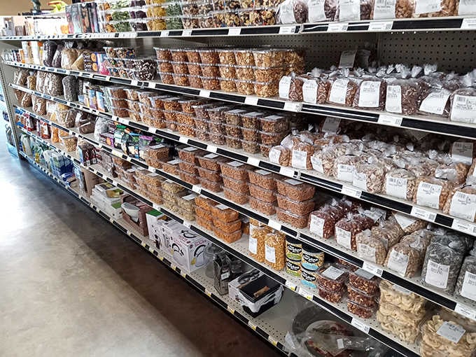 Rows of nuts and sweets create an aisle of temptation that would make even disciplined dieters reconsider.