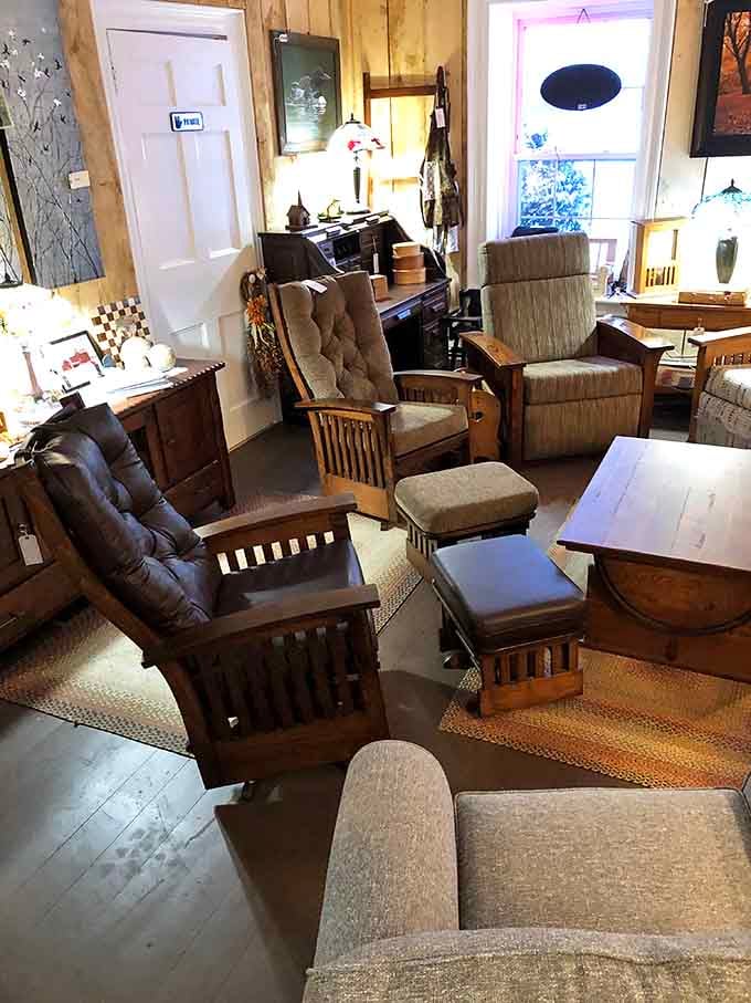 Mission-style chairs and ottomans offer comfort that'll make you reconsider ever standing up again.