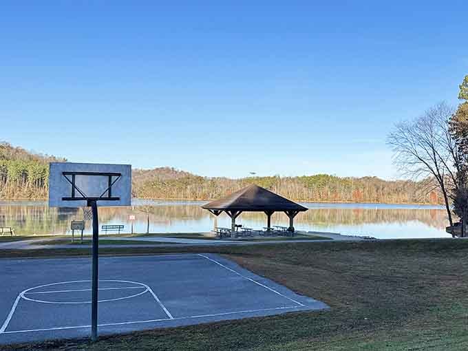 Basketball meets lakeside paradise, because even paradise needs a good pickup game now and then, right?