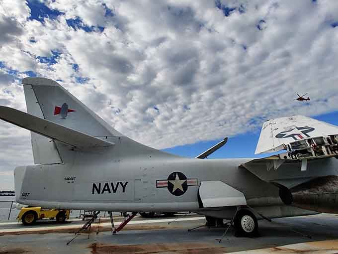 The A-3 Skywarrior's massive frame dwarfs nearby aircraft, a reminder that carrier-based bombers came in surprisingly large packages.