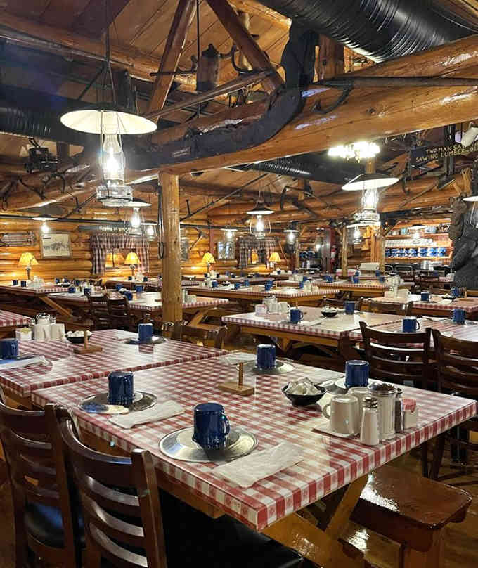 The interior's warm wood tones and vintage lighting create an atmosphere that feels genuinely timeless.