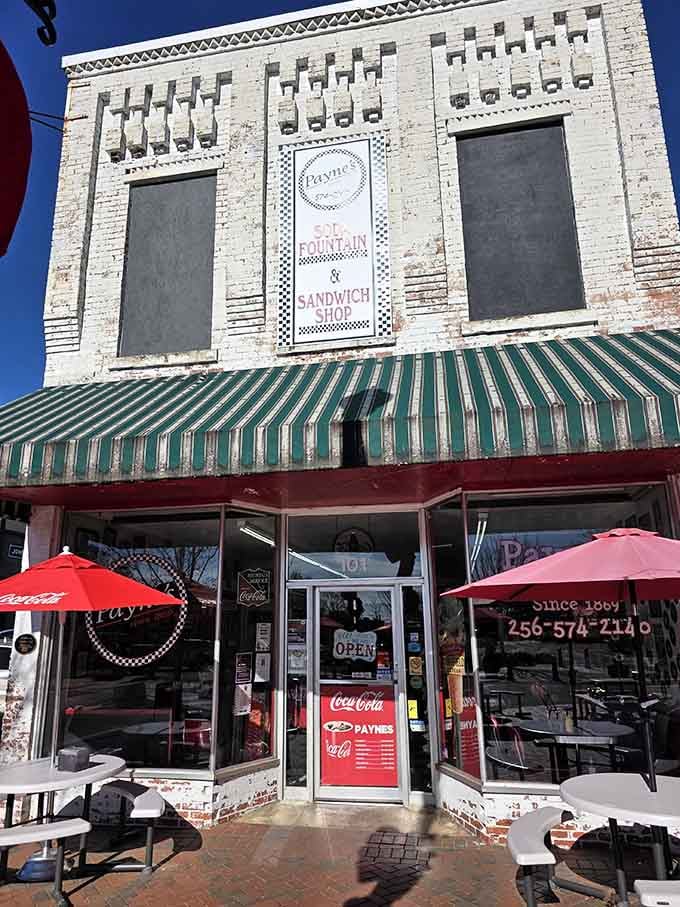Red umbrellas and outdoor seating where you can watch small-town life unfold between bites of perfection.