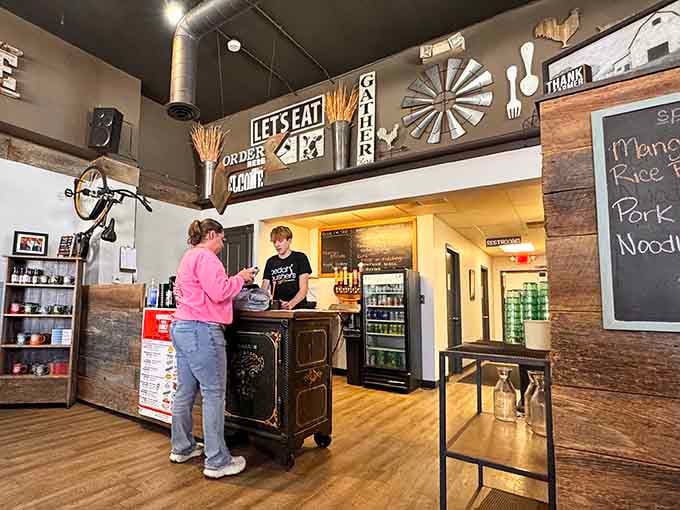 Order at this charming counter where the antique cabinet adds character that modern restaurants try desperately to fake with distressing.
