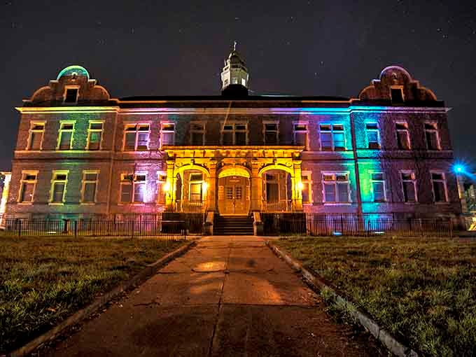 The administration building lit up at night proves even haunted asylums can have their glamorous moments.