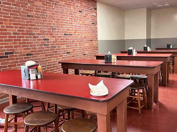 Exposed brick and long tables create an atmosphere that's part cafeteria, part time machine to simpler days.