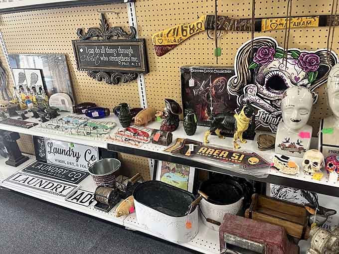Antique treasures and quirky decor await your discovery as you wander through shelves filled with unique signs, figurines, and vintage finds.