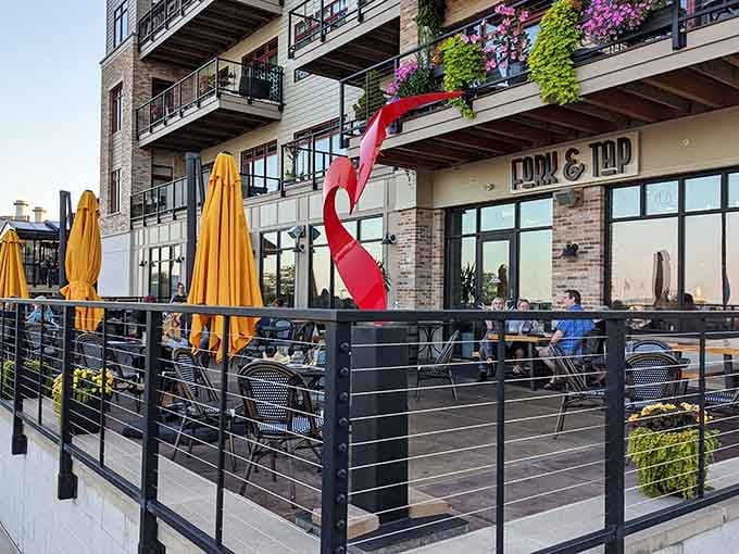 Modern waterfront dining spaces blend contemporary style with harbor views, creating the perfect spot for lakeside meals and people-watching.