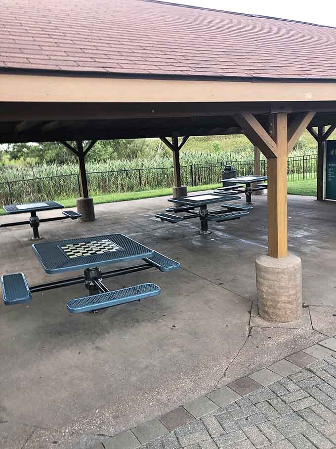 Shaded pavilion seating with built-in games means parents can actually relax while supervising nearby.