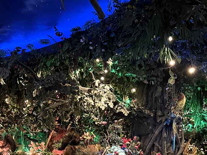 The jungle literally comes alive around you, complete with twinkling lights and enough foliage to make Tarzan jealous.