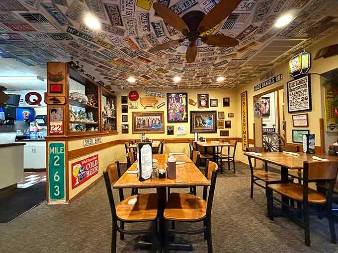 More license plates than a state trooper's fever dream, and somehow it all works beautifully together here.