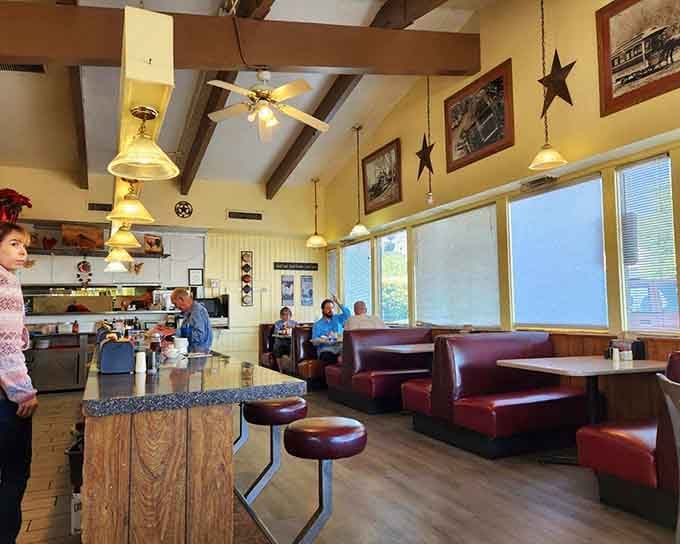 Vaulted ceilings and cozy booths create that welcoming diner atmosphere where everyone feels like a regular customer.