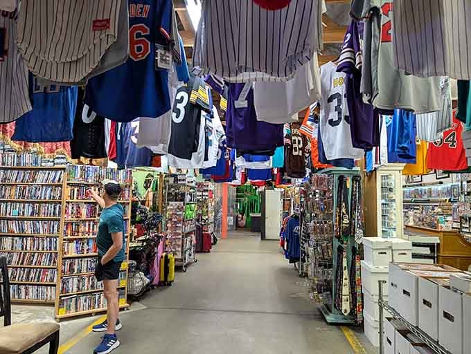 Sports jerseys hanging like a hall of fame, minus the velvet ropes and admission fees.