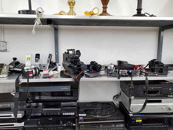 Vintage cameras and electronics lined up like museum pieces, except these you can actually take home.