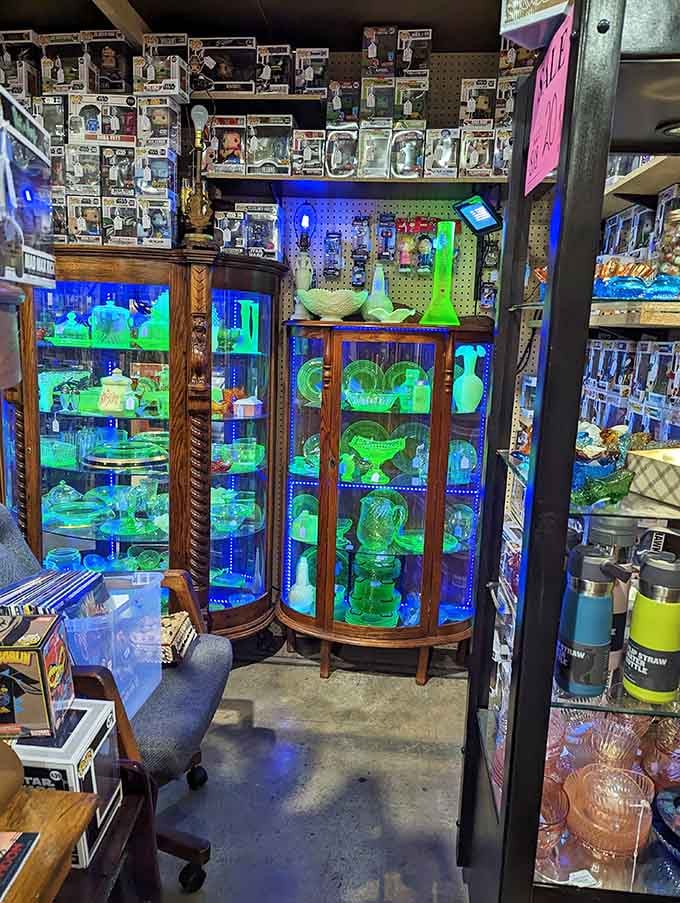 Uranium glass glowing under blacklight creates an otherworldly display that's equal parts science experiment and art installation spectacular.