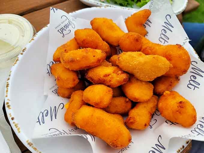 Golden fried cheese curds piled high, crispy outside and squeaky inside, representing Wisconsin's greatest contribution to snack food history.
