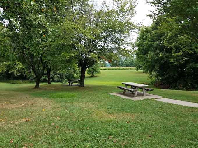 Picnic tables under open skies offer the perfect spot for that sandwich you packed three hours ago.