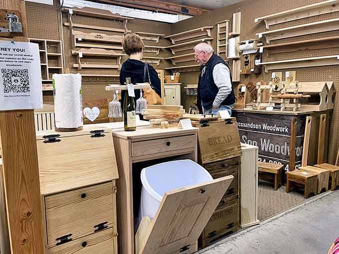 Handcrafted woodwork fills the booth, where quality craftsmanship meets prices that won't require a second mortgage.