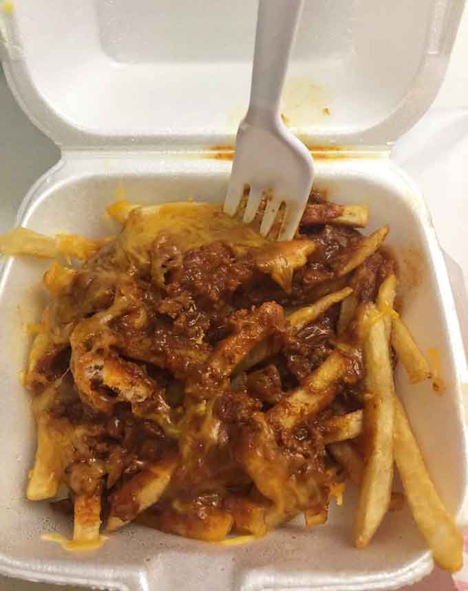 Chili cheese fries in a container, because sometimes regular fries just aren't living up to their full potential.