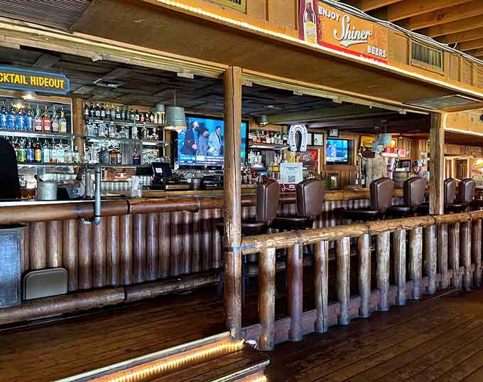 A bar that looks like it could host both a hoedown and happy hour without missing a beat.