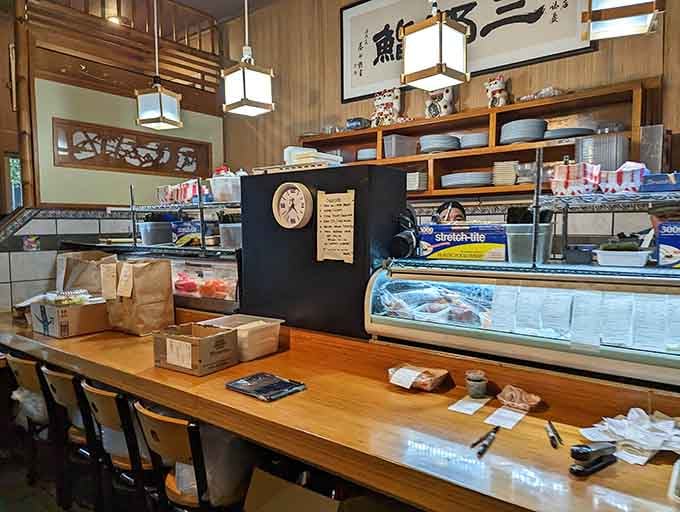 The counter seats offer front-row views of culinary craftsmanship, where sushi magic happens daily.