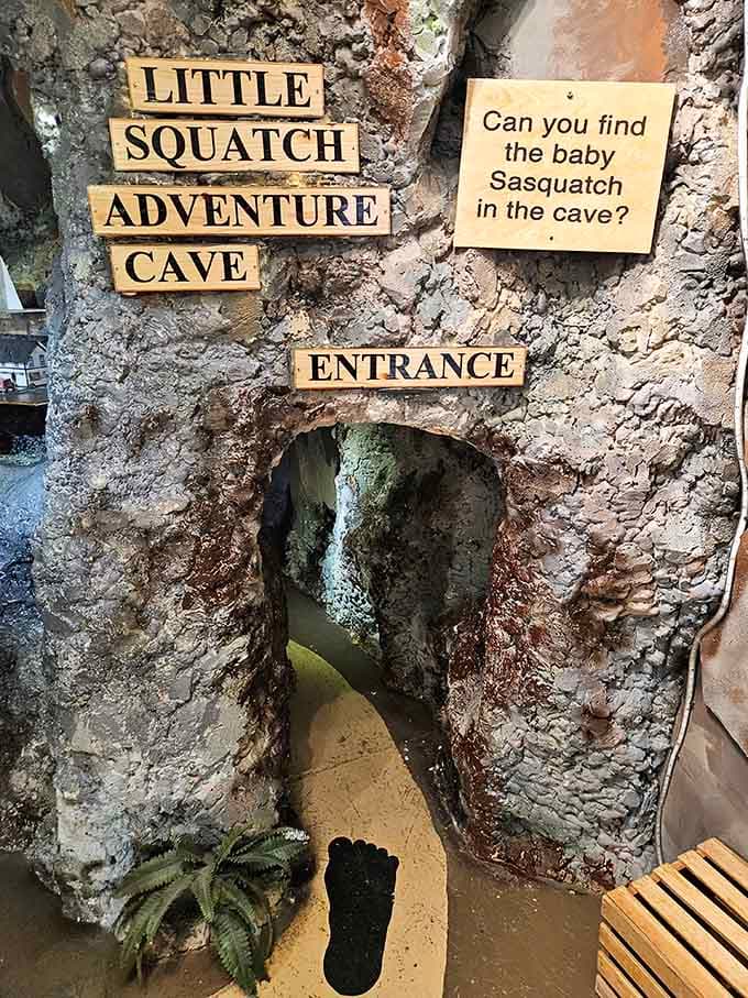 The Little Squatch Adventure Cave entrance beckons young explorers to find the hidden baby Bigfoot inside its rocky depths.