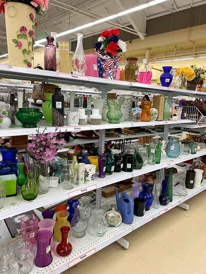 Colorful vases in every hue imaginable, because apparently everyone went through a flower-arranging phase at some point in history.