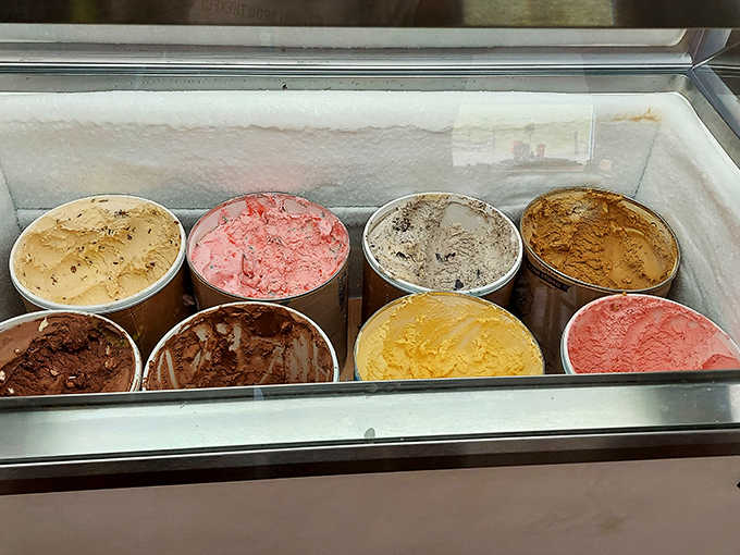 Ice cream flavors lined up like a sweet rainbow, because dessert deserves multiple courses here.