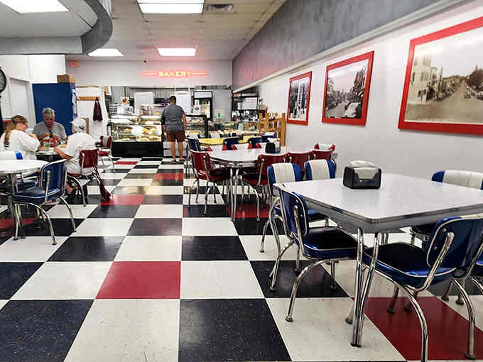 Chrome stools and checkered floors create the perfect backdrop for serious ice cream consumption and casual conversation.