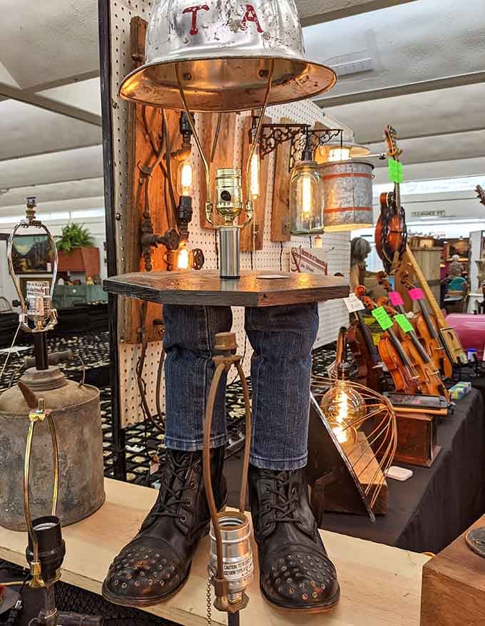 A lamp made from boots and copper that's either brilliantly creative or wonderfully weird, possibly both simultaneously.