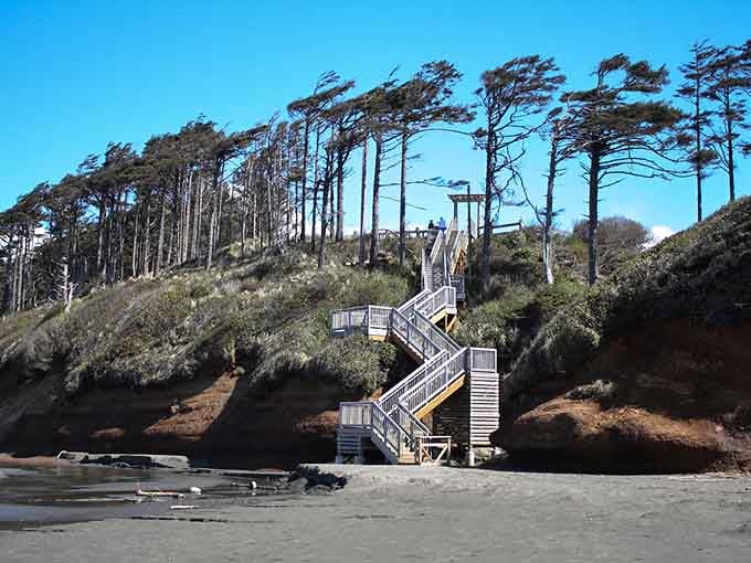 Beach access done right means actual stairs instead of a treacherous scramble down a sandy cliff face.