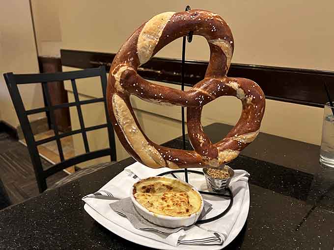 A giant pretzel on a stand because regular-sized pretzels are for people without ambition or proper appetites.
