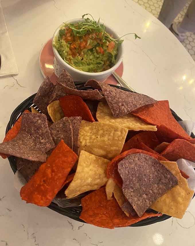 Rainbow tortilla chips surrounding fresh guacamole prove that even the appetizers here refuse to be ordinary or understated whatsoever.