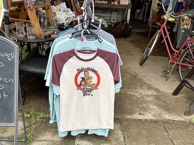 Retro t-shirts hanging like time capsules, each one a conversation starter at your next backyard barbecue gathering.