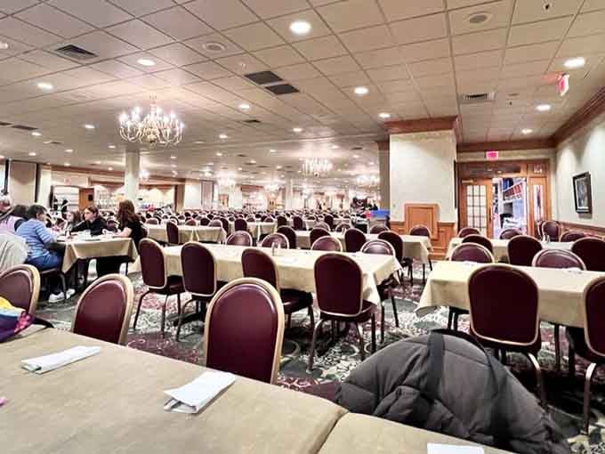 Chandeliers overhead, endless tables below, this is where appetites come to live their best overstuffed lives.