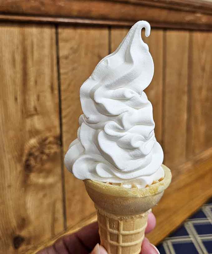 Vanilla soft serve in a cone, the perfect sweet ending that'll have you planning your return visit immediately.