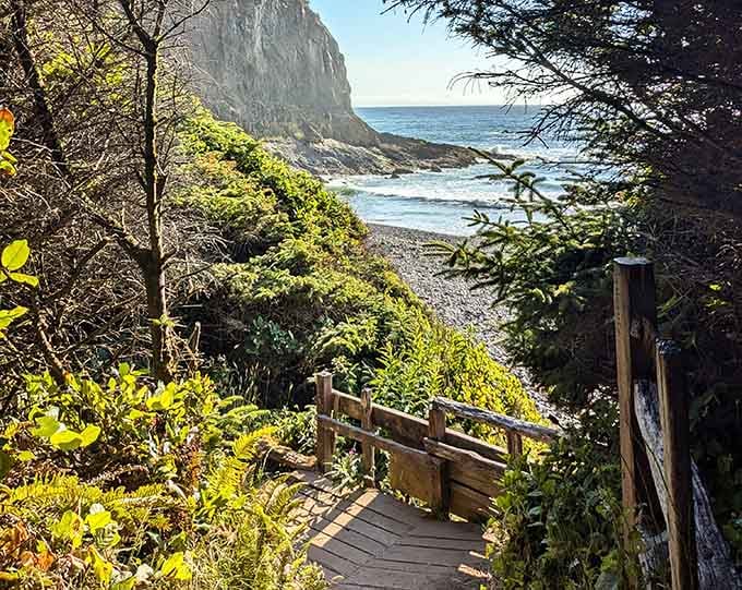 The trail offers glimpses of the beach below, building anticipation with every step toward the shoreline.